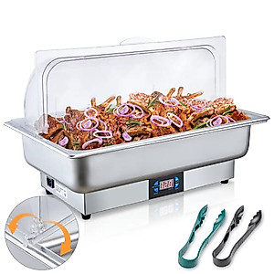 Electric Chafing Dish 9 QT Adjustable 0°C~100°C Roll Top Full Size Auto ShutOff Stainless Steel Buffet Servers and Warmers, Temp Display Programmable Food Warmer Transparent Lid Chafers for Catering