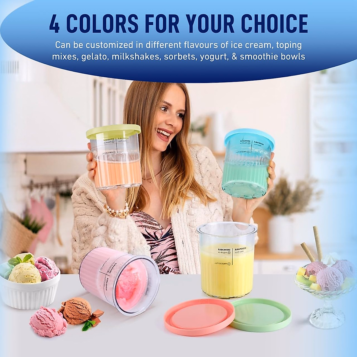 Mellonari Creami Pints for Ninja with Lids, 4 Packs, 24 oz Compatible with NC-500 & NC501, Pink-Yellow-Blue-Green, MNJ-796