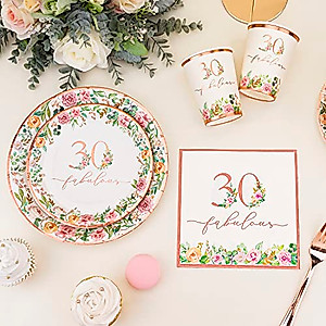 Crisky 30th Birthday Napkins and Plates for Women Rose Gold Floral Party Decoration, 30 and Fabulous Plates and Napkins for Women 30th Birthday.