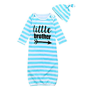 DPSKY Newborn Baby Sleeper Gowns & Headband Little Sister Brother Printed Striped Baby Sleeping Bag (blue)