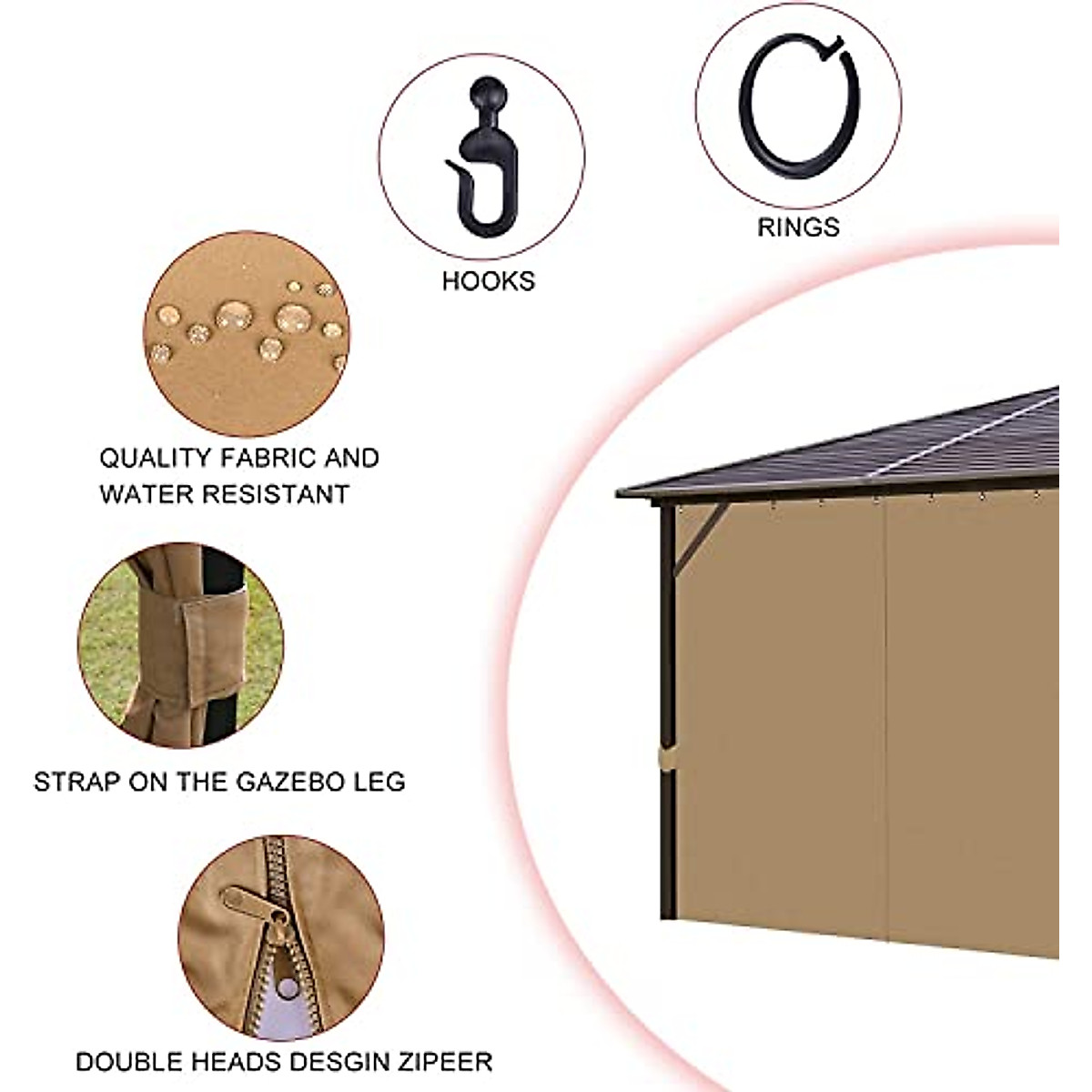 12'x12' Gazebo Curtains Outdoor Waterproof, Universal Replacement Curtain 4-Panels, Sidewalls with Zipper for Garden, Patio, Yard (Only Curtains)