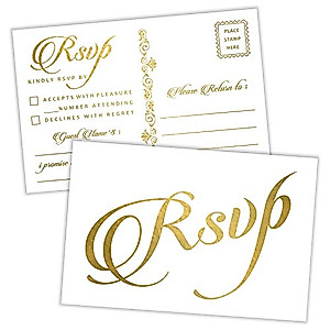 PARTH iMPEX RSVP Postcards for Wedding - (Pack of 50) Gold Foil Stamping with Mailing Side 4"x6" Response Cards All Occasion Mailable - White