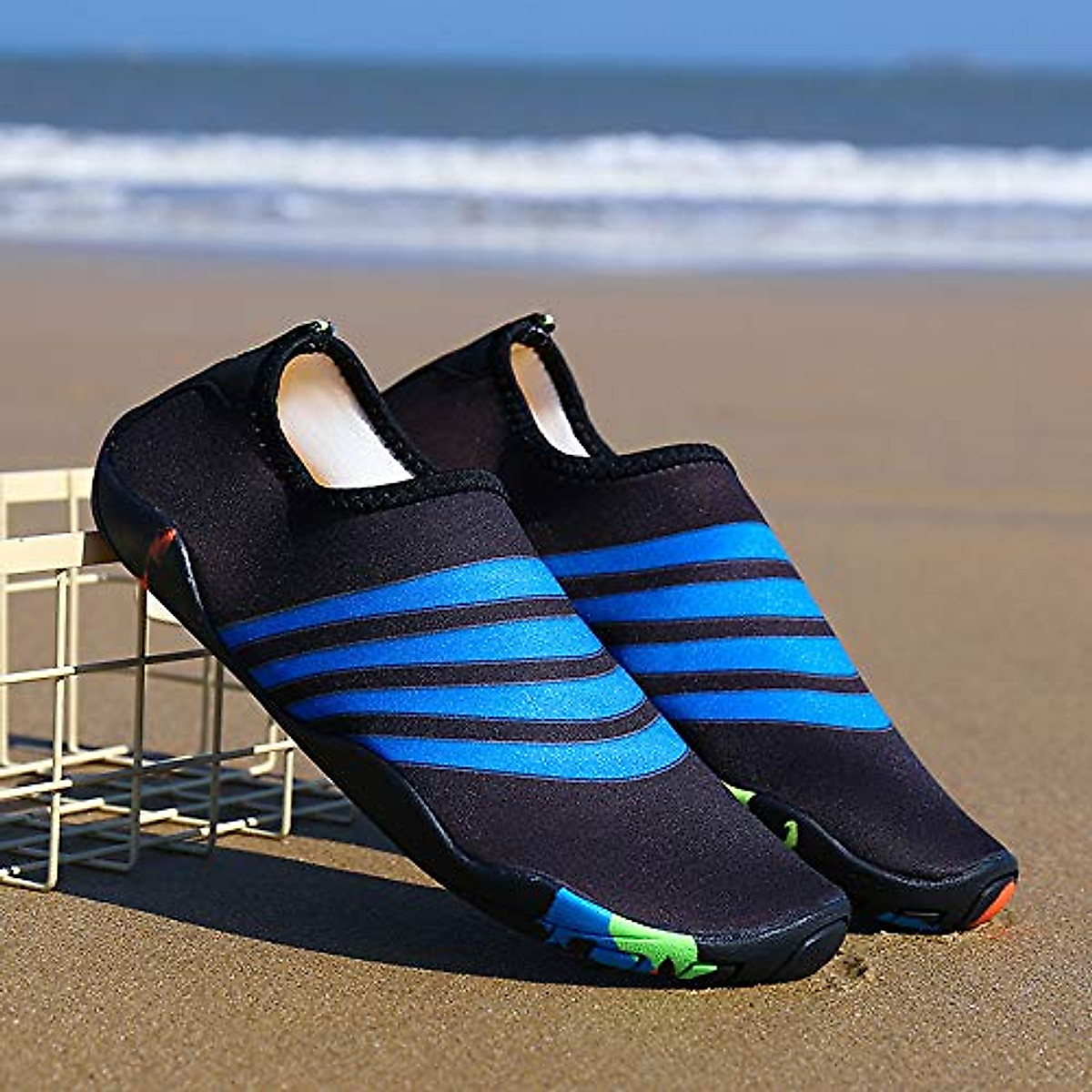 Hutop Water Shoes Womens Mens Kids Quick-Dry Aqua Socks Slip-on Barefoot for Outdoor Beach Swim Surf Yoga Exercise Soles in Amazon (Black/B Stripe, Numeric_7)
