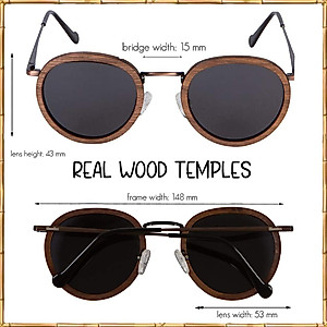 Woodies Polarized Walnut Wood Copper Round Sunglasses for Men and Women | Black Polarized Lenses and Real Wooden Frame | 100% UVA/UVB Ray Protection