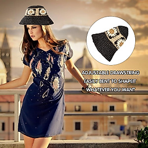 Womens Straw Sun Hat Woven Bucket Hat Summer Beach Cap Fishing Hat Fashion Floral Cap Beach Hat for Women Foldable Vacation Travel Straw Hat Black