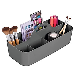 mDesign Plastic Bathroom Storage Organizer Caddy Tote - Divided Basket Bin with Handle for Shower, Dorm Room - Holds Soap, Body Wash, Shampoo, Conditioner, Lotion - Lumiere Collection, Charcoal Gray