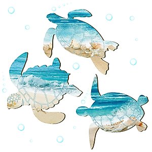 Tatuo Summer Coastal Wall Decor Beach Wall Art Decor Blue Sea Turtle Surfboard Seahorse Starfish Seashell Conches Crabs Sea Life Decor for Bathroom Bedroom Home(3 Pcs, Fresh Turtle Style)