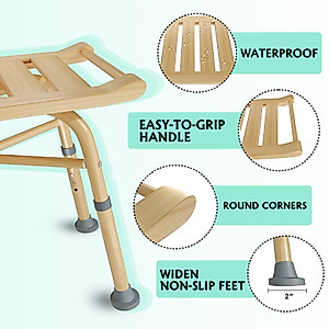 Shower Bench Bamboo Shower Chair for Inside Shower, 23.5 Inch Spa Bath Stool with Handles, Height Adjustable Shower Stool Bath Chair for Adults Seniors and Disabled (Natural)
