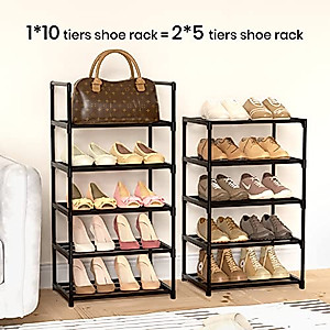 WEXCISE Narrow Shoe Rack 10 Tiers Tall Shoe Rack for Entryway 20-24 Pairs Shoe and Boots Organizer Storage Shelf Space Saving Large Shoe Tower Durable Black Metal Stackable Shoe Cabinet with Hooks