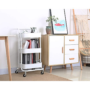 3-Tier Metal Mesh Rolling Cart Storage Organizer with Utility Handle and Wheels, White