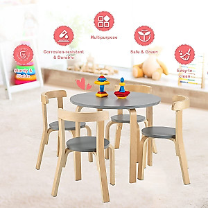 UJOYPAYD 5-Piece Kids Table Chair Set, Bentwood Toddler Round Table & 4 Chairs,Wooden Activity Table W/Curved Back Chairs,Children Furniture Set for Playing, Craft Art, Drawing, Reading (Gray)
