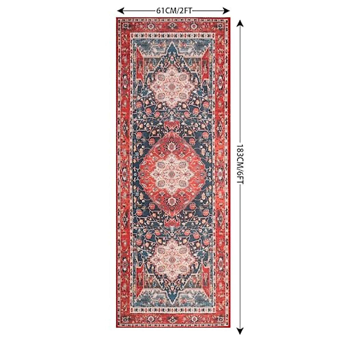Comeet Washable Runner Rug - 2x6 Boho Hallway Runner Rug, Non-Slip Kitchen Bathroom Runner Rugs, Long Vintage Accent Area Rug for Entryway Laundry Bedroom Red/Blue