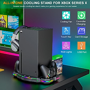 Wiilkac Vertical Cooling Fan Stand and Dual Controller Charging Station for Xbox Series X with RGB Color Lights/USB Ports, 3-Level Fan Cooling System with 2 x 1400 mAh Rechargeable Battery