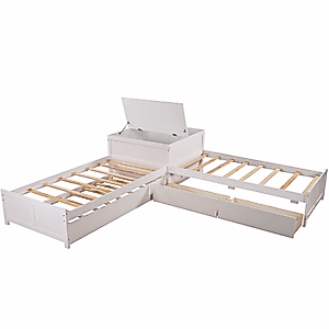 L-Shape Twin Beds 2 Platform Beds with Trundle and Storage Drawers Linked with Flip Square Table Wood Twin Size Corner Bed for 3 Kids, Teens, Boys, Girls, White