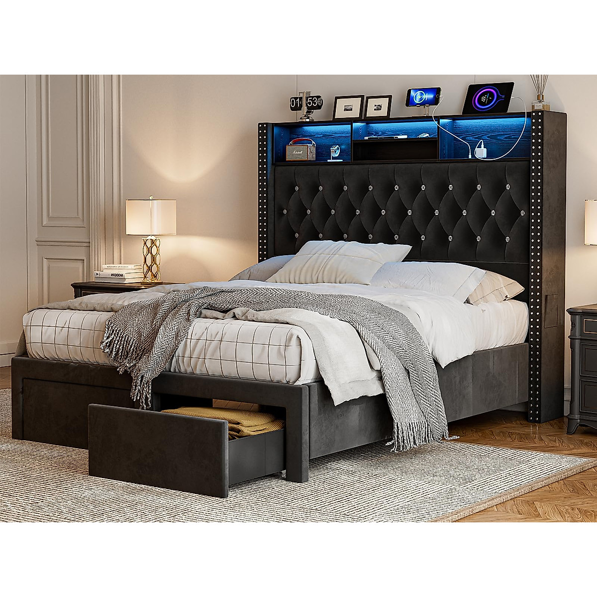 CIKUNASI Upholstered Queen Size Bed Frame with Headboard and Storage, 60“Tall Bed Frame with 2 Drawers, Tufted Wingback Bed Frame Queen Size LED Light, Charging Station, No Box Spring Needed