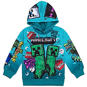 Minecraft Creeper Zombie Steve Big Boys Fleece Pullover Hoodie Turquoise 10-12