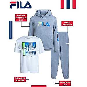 Fila Boys' Active Sweatsuit Set - 3 Piece Performance Hoodie Sweatshirt, Jogger Sweatpants, T-Shirt - Activewear Set (8-12), Size 8, Heather Grey