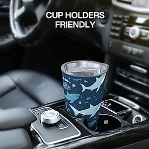 Sharks Tumbler with Lid and Straw 20oz Stainless Steel Car Cup for Hot and Cold Drinks, Double Wall Insulated Travel Coffee Mug Reusable Drink Thermos Cup Birthday Gifts