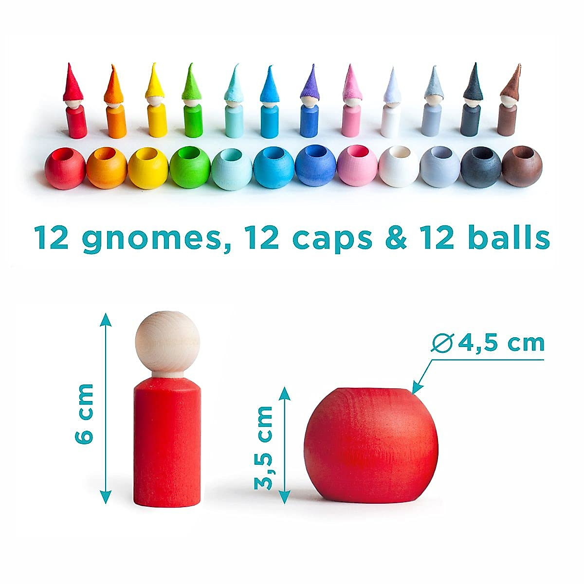 Ulanik Peg Dolls in Balls with Hats Toddler Montessori Toys for 3 Year Old + Wooden Waldorf Dolls for Learning Color Sorting and Counting — 12 Gnomes, 2.36 in