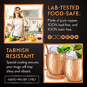 Yooreka Gift Set Moscow Mule Mugs Set Of 4 16 oz Solid Cooper, 100% Pure Copper Cups HANDCRAFTED,BONUS 4 Straws, 4 Wood Coasters, Stirring Spoon, Cleaning brush and Jigger (Round)