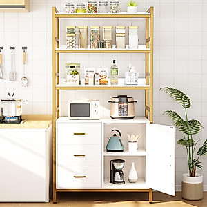 71" Tall Bookshelf with Storage Cabinet, Bookcase with Doors, Inter Adjustable shelf, 3 Wooden Drawers, 4 Tier Open Shelves, Modern Display Rack for Living Room, Kitchen, Home Office, White and Gold