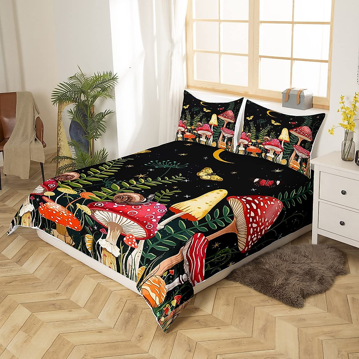 Feelyou Kids Mushroom Bedding Set Natural Wild Fungus Duvet Cover Set for Kids Girls Botanical Plants Comforter Cover Butterfly 1 Duvet Cover with 1 Pillowcase Full Size (No Comforter)