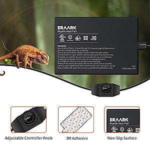 ERAARK Reptile Heating Pad 8" X 18" with Temperature Adjustable Controller Knob, 24W Terrarium Heating Mat for Reptiles Amphibians Hermit Crab Snake Lizard Turtles Lizards (8"X 18" with Adjust Knob)