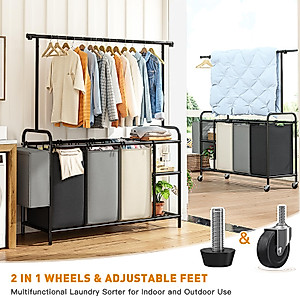 Raybee Laundry Hamper, Laundry Basket, Laundry Sorter, 200L（53Gal）Laundry Basket with Wheels, Laundry Sorter 3 Section, Laundry Hamper with 13" Adjustable Hanging Bar and 3 Tier Shelves