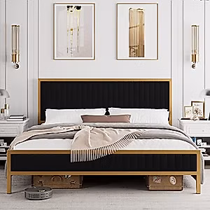 HIFIT King Size Bed Frame, King Bed Frame and Headboard, Heavy Duty Metal Foundation, Upholstered Bed Frame with Velvet Tufted Headboard, Wood Slats Support, No Box Spring Needed, Gold and Black