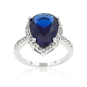 Kate Bissett Genuine Rhodium Plated Sapphire Blue Ring with Pear Shape Sapphire Blue Cubic Zirconia Size 7