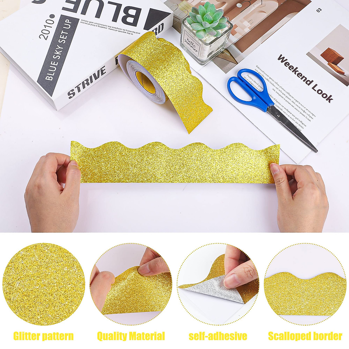 131 Ft Gold Glitter Bulletin Board Borders Gold Scalloped Bulletin Board Trims Shiny Decorative Border Trims Sparkle Self-Adhesive Border Stickers for Classroom School Home Office Blackboard Desk