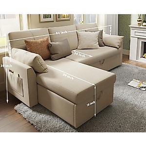 PaPaJet Sleeper Sofa Bed with Storage Chaise-2 in 1 Sectional Pull Out Couch Bed for Living Room, Beige