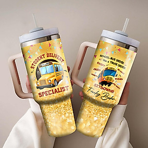 WAZONE Personalized Bus Driver Tumbler 40oz with Handle and Straw Stainless Steel Custom Name Student Delivery Specialist Cup Insulated Tumblers Back To School School Bus Driver Appreciation