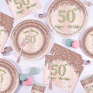 121Pcs 50th Birthday Party Supplies Plates Napkins Cups Forks Tablecloth Rose Gold Happy 50th Birthday Themed Disposable Tableware Decorations Serves 24 Guests for Women 50 Years (50th rose gold)