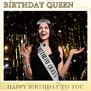 Jexine 11 Pcs Birthday Sash for Women Birthday Squad Sash and Crown Silver Rhinestone Tiara White and Black Happy Birthday Sash for Women Group Girls Birthday Party Accessories
