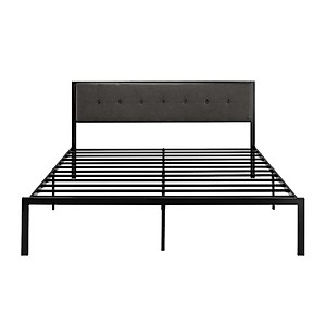 SHA CERLIN King Size Bed Frame with Upholstered Headboard, Platform Bed Frame with Metal Slats, Button Tufted Square Stitched Headboard, Noise Free, No Box Spring Needed, Easy Assembly, Dark Grey