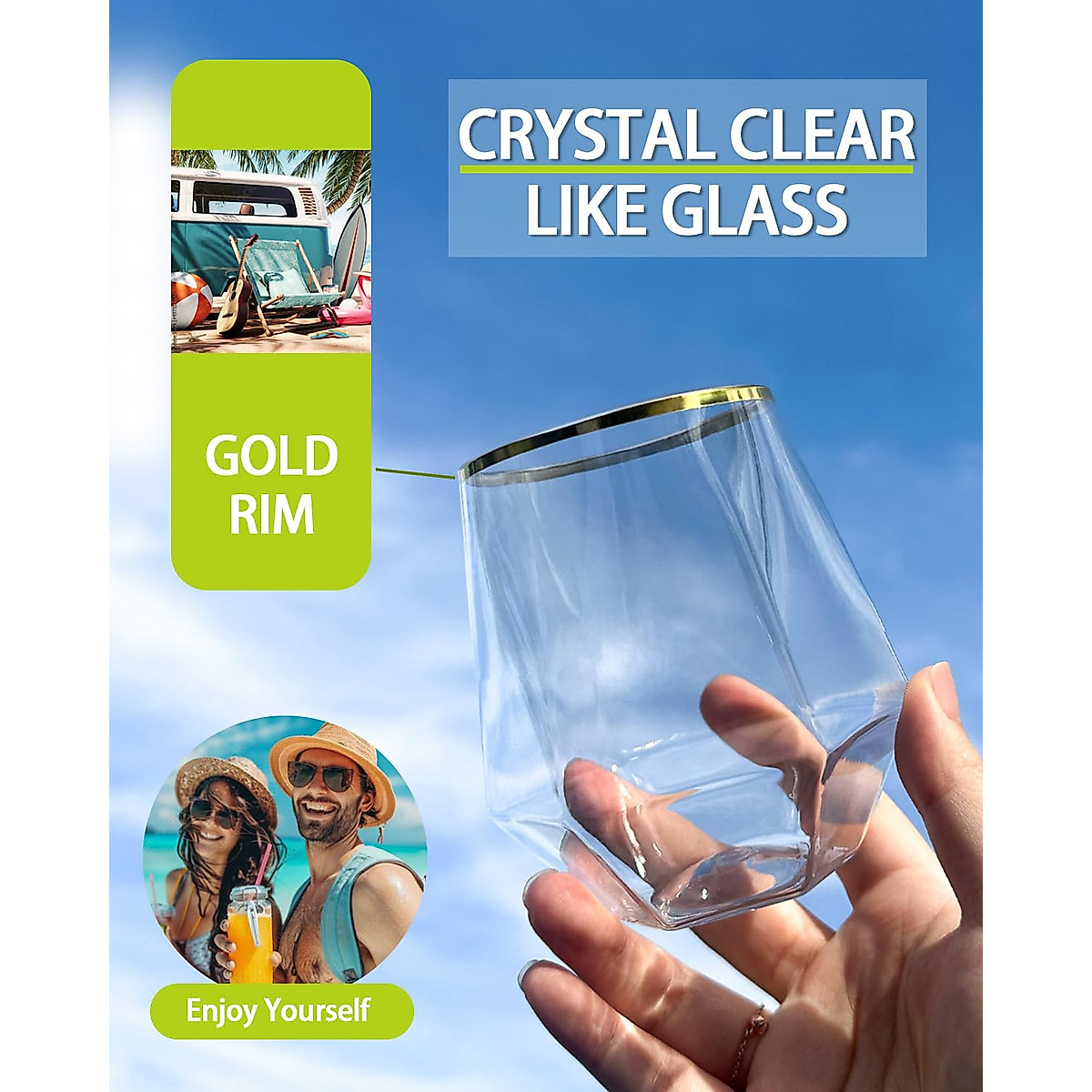 Maaacute 40 Pcak Plastic Stemless Wine cocktail Whiskey Champagne Glasses, 12 Oz Gold Rim Disposable Clear Unbreakable Cups for Party Bars Wedding Tasting (Diamond-shaped)