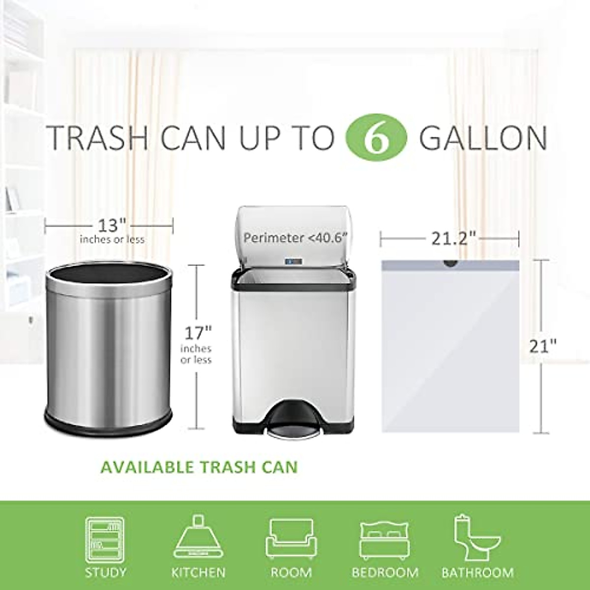 6 Gallon 100pcs Strong Drawstring Trash Bags Garbage Bags by Teivio, Bathroom Trash Can Bin Liners, Plastic Bags for home office kitchen, White