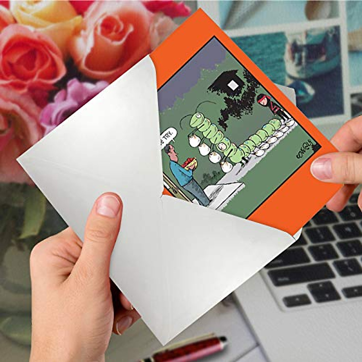 NobleWorks - Happy Halloween Card Funny - Fun Cartoon Humor, Spooky Greeting Notecard with Envelope - Caterpillar Trick C3394HWG