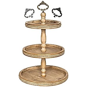 3 Tiered Tray Wooden Serving Stand by Felt Creative Home Goods. Large Beaded Tray for Home Decor Display Farmhouse Country Decoration Kitchen or Dining. Includes 3 Finial Custom Handles (Brown)