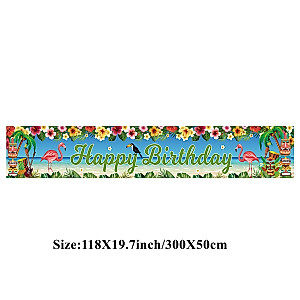 KYMY Long Hawaiian Luau Happy Birthday Backdrop Banner, Summer Floral Tropical Flamingo Birthday Sign with 118"X19.7", Hawaii Theme Photograph Background Supplies for Birthday Party Decorations