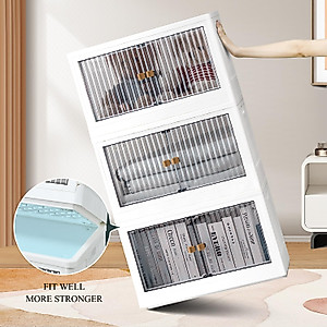 EHAMILY 19 Gal Stackable Storage Bins with Lids 3 Pack,Collapsible Storage Bins with Doors Plastic Folding Storage Box with Wheel,Large Foldable Storage Boxes for Dormroom Clothes,Grey