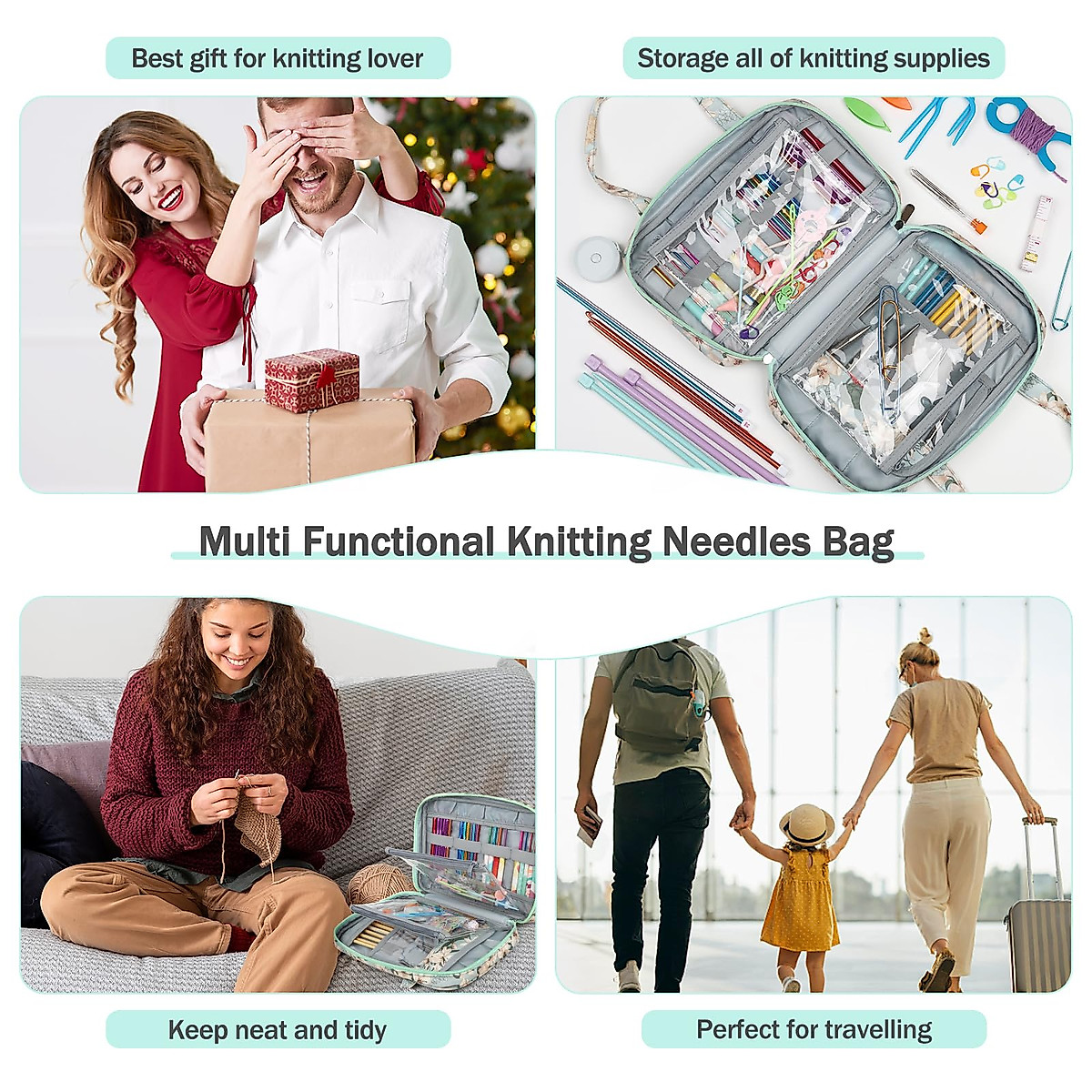 Katech Crochet Hooks Bag Portable Travel Storage Cases Organizer Empty Zipper Bags Knitting Needles Case with Knitting Needles Slots, Crochet Hooks Slots and Transparent Zipper Pockets