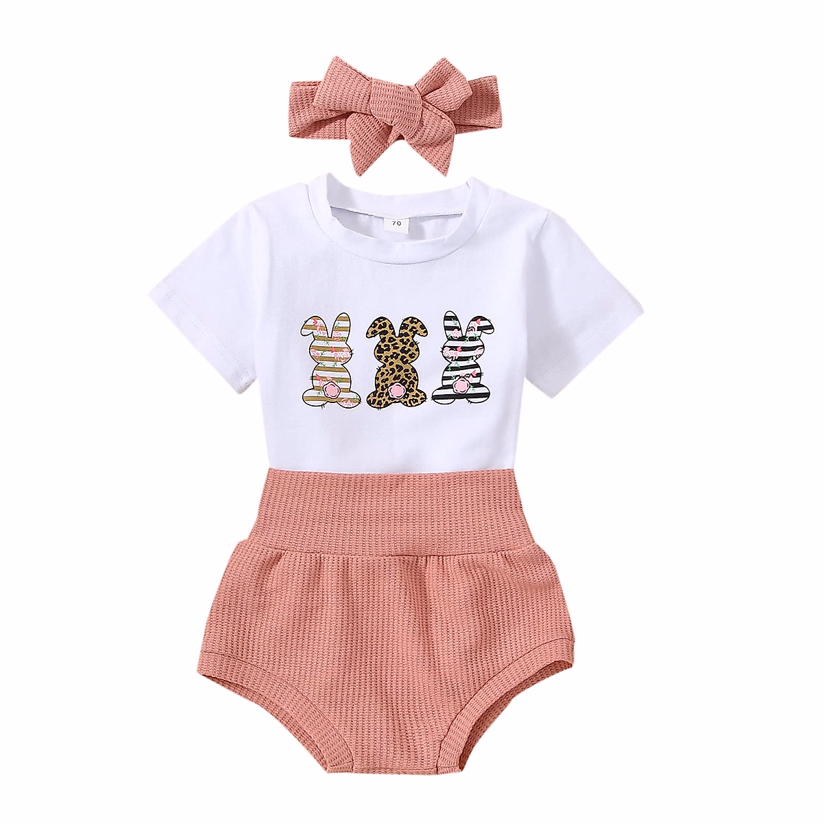 Fernvia Infant Baby Girls Easter Outfits Short Sleeve Rabbit Print Romper Elastic Waist Shorts with Hairband 3Pcs Clothes Set (A Pink, 6-12 Months)