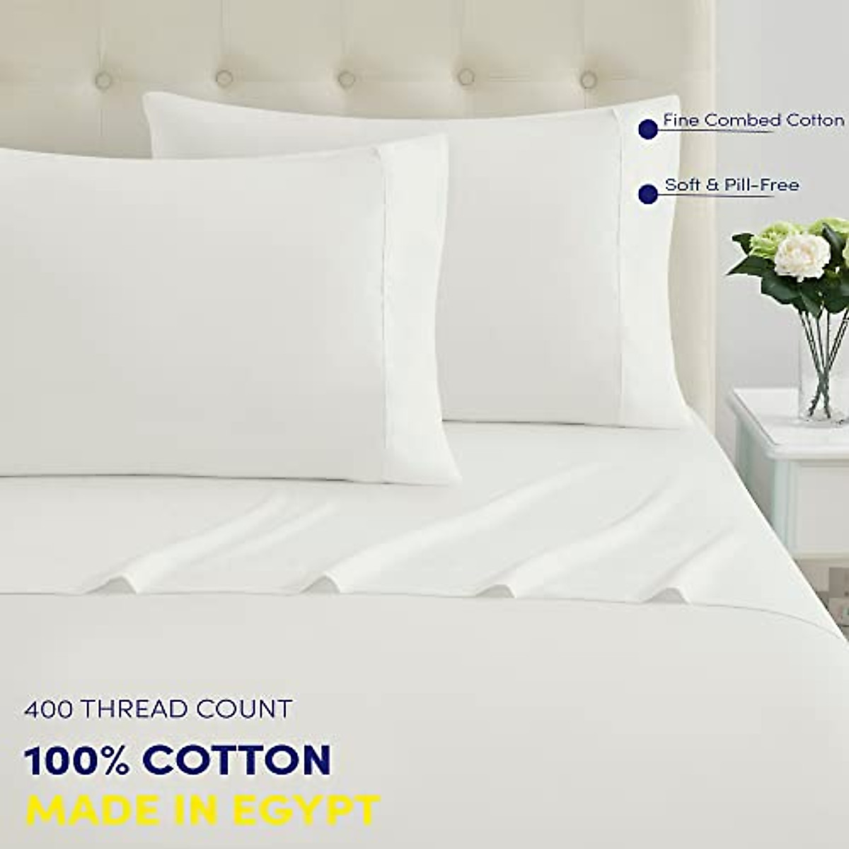 Queen Size Sheets 100% Cotton Made in Egypt Soft 400 Thread Count for Queen Size Bed Mattress, 4 Pieces Bedding Sheets & Pillowcases Sets, Queen, White