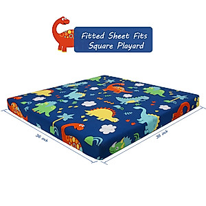 Cloele Square Playard/Playpen Stretch Fitted Sheets Perfect for 36 X 36 Portable Playard Mattresses - Square Pack and Play Crib Sheets - Ultra Soft Polyester Dinosaur Fitted Playpen Sheet for Baby