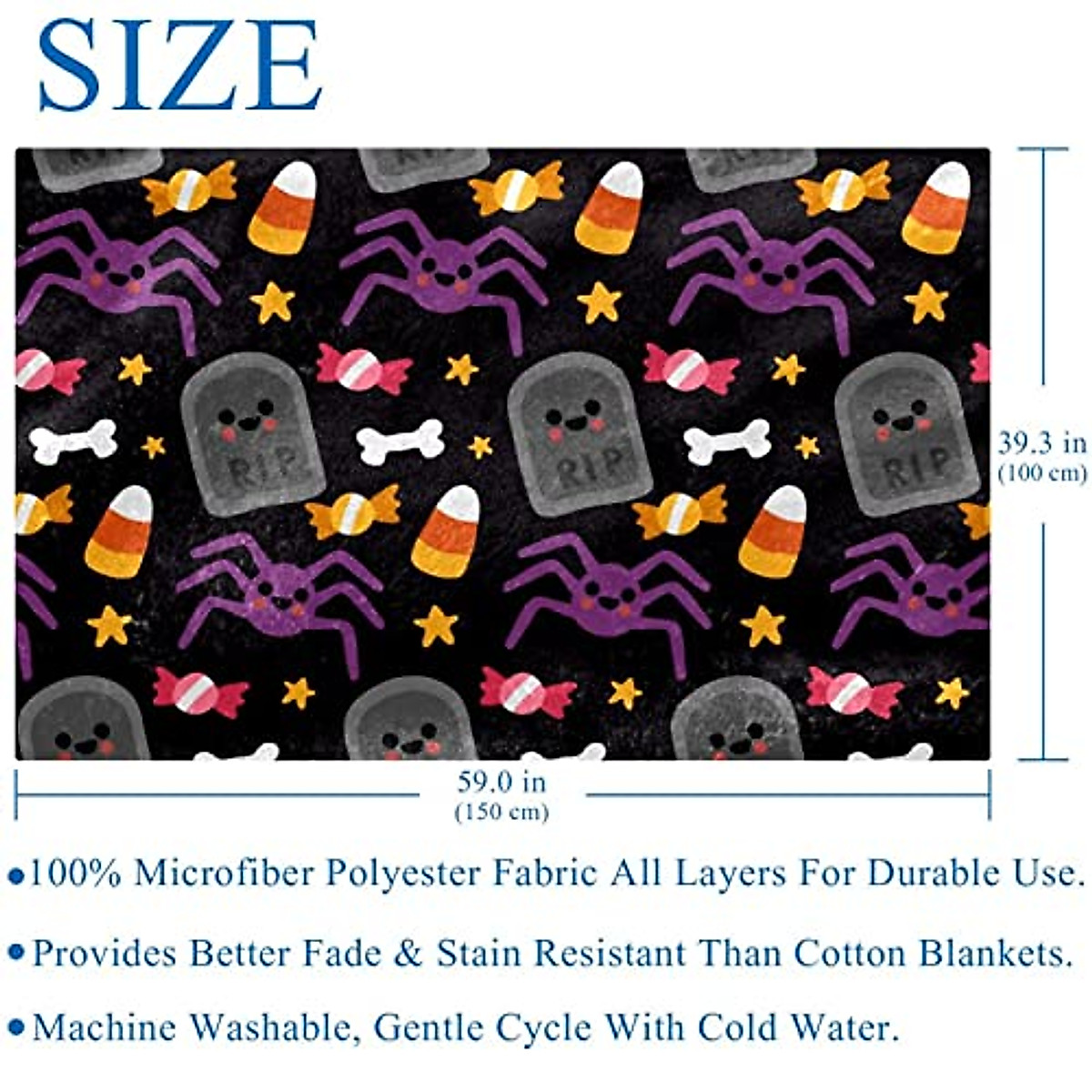 Halloween Spider Black Prints Soft Warm Cozy Blanket Throw for Bed Couch Sofa Picnic Camping Beach, 150×100cm