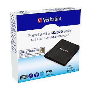 Verbatim External Slimline CD/DVD Writer - USB 3.2 Gen1 with USB-C Connection incl. USB-C to USB-A Cable - Compact Design - External DVD Writer - External CD-Drive - Slim Design