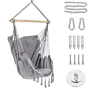 Project One Hanging Rope Hammock Chair, Hanging Rope Swing Seat with 2 Pillows, Carrying Bag, and Hardware Kit Perfect for Outdoor/Indoor Yard Deck Patio and Garden, 300 Pound Capacity (Light Grey)