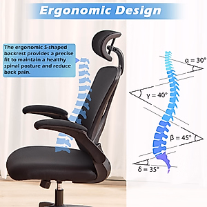 PrimeZone Ergonomic Office Desk Chair - Computer Chair with Adjustable Flip-Up Armrests, Lumbar Support, Headrest & Tilt Function, Comfortable Task Chair for Work Study, 350 lbs Capacity, Black